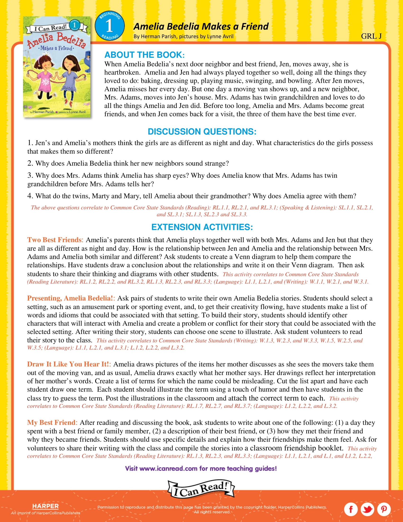 Amelia Bedelia Make's a Friend - Teacher's Guide