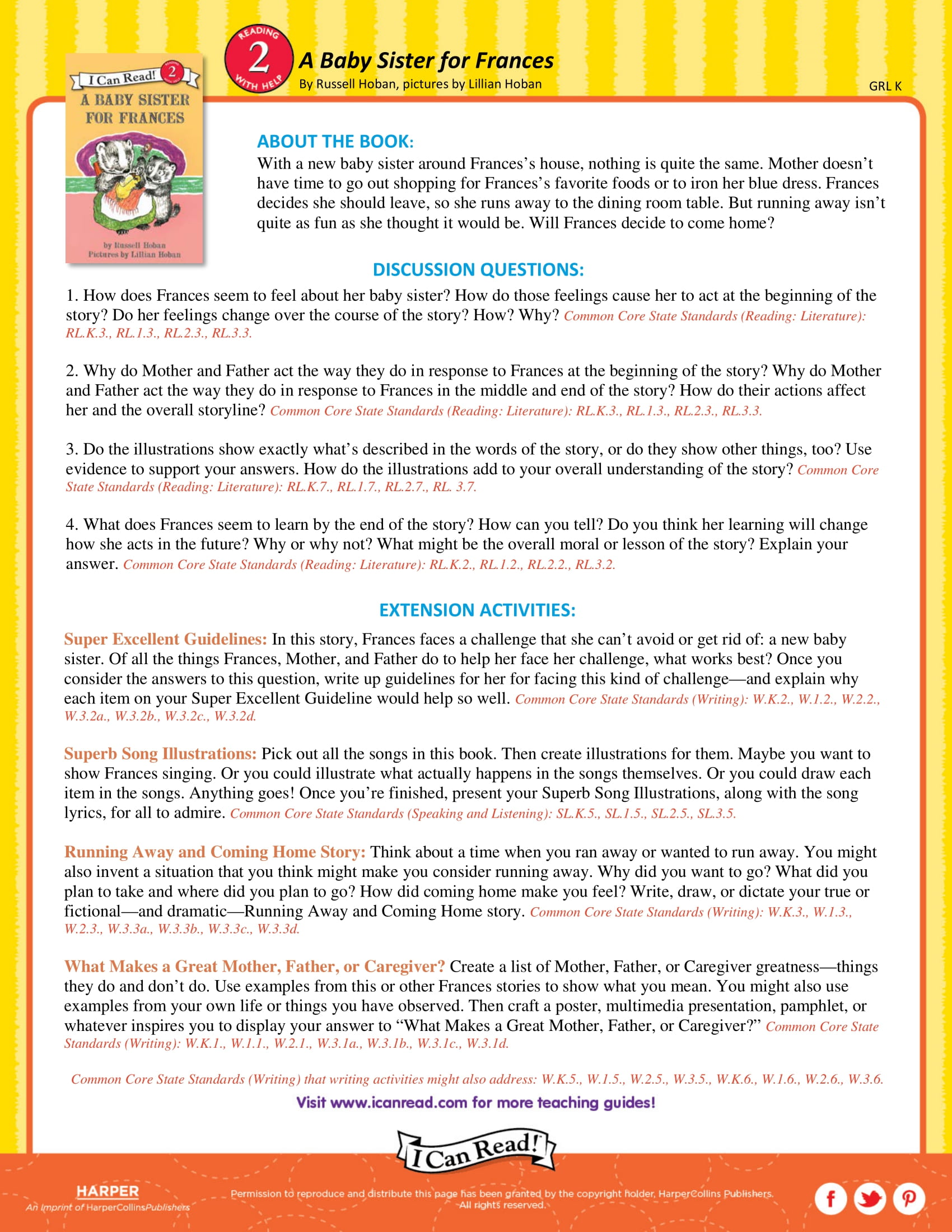 A Baby Sister for Frances – Teacher’s Guide