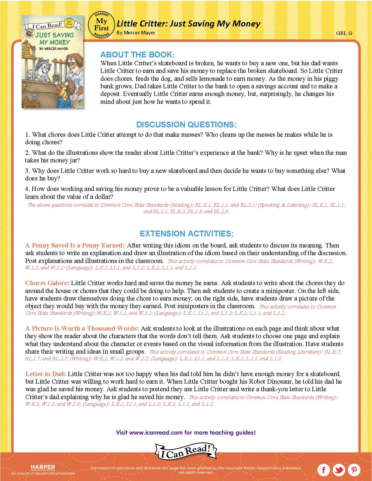 Little Critter: Just Saving My Money – Teacher’s Guide